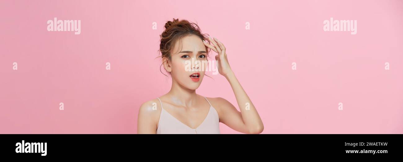 Beautiful Asian young woman hand up cover face protect sun light and UV ...