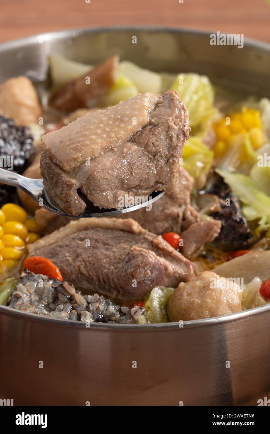 Delicious ginger duck stew hot pot soup with fresh vegetables in Taiwan ...