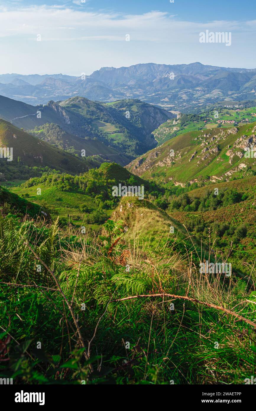 The stunning landscape of Asturias, Spain with green mountains against ...