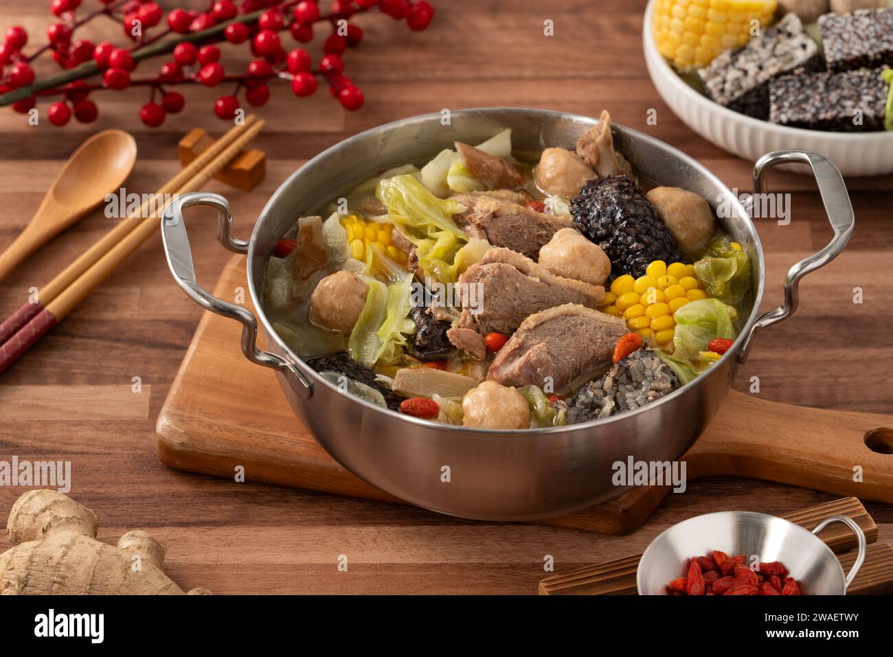 Delicious ginger duck stew hot pot soup with fresh vegetables in Taiwan ...