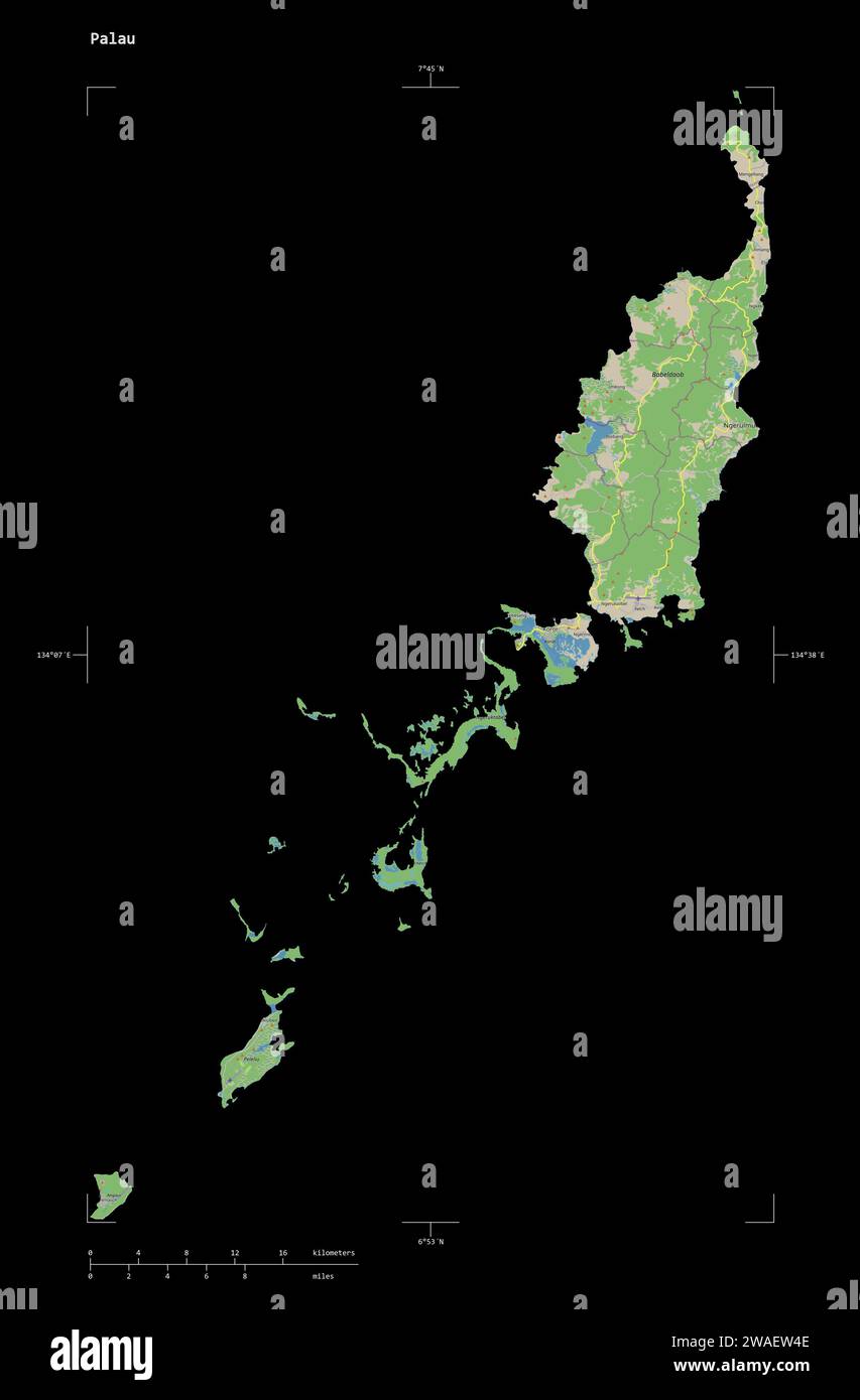 Shape of a topographic, OSM standard style map of the Palau, with ...