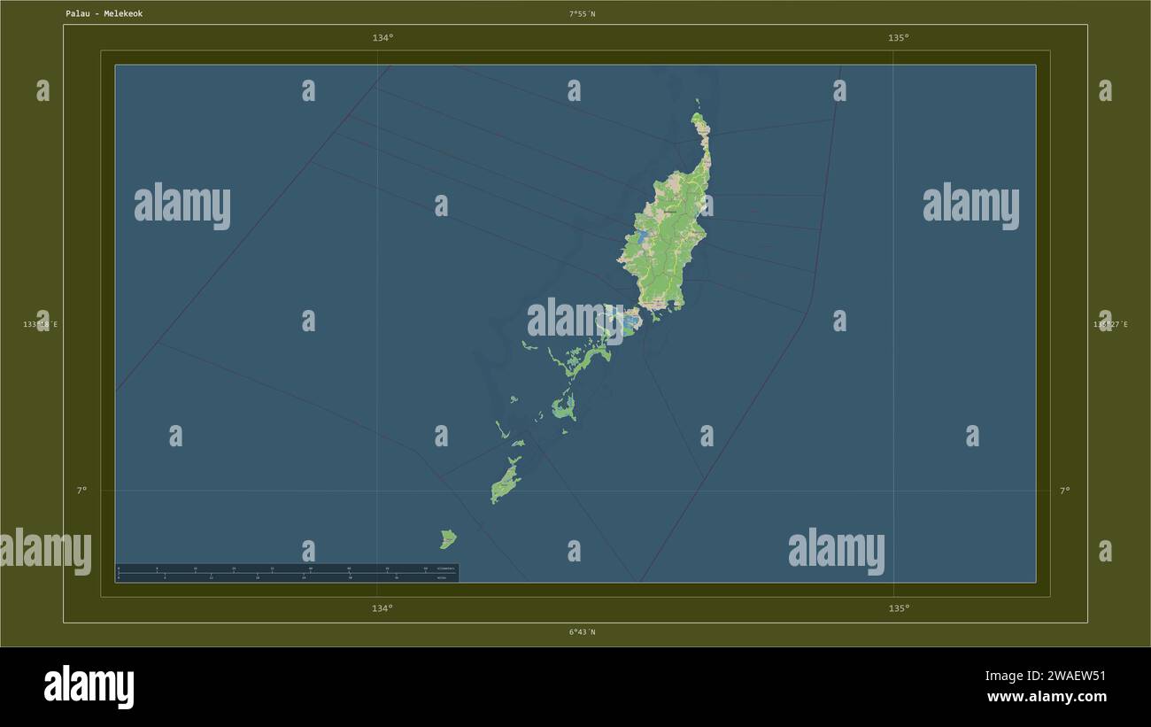 Palau highlighted on a topographic, OSM standard style map map with the ...