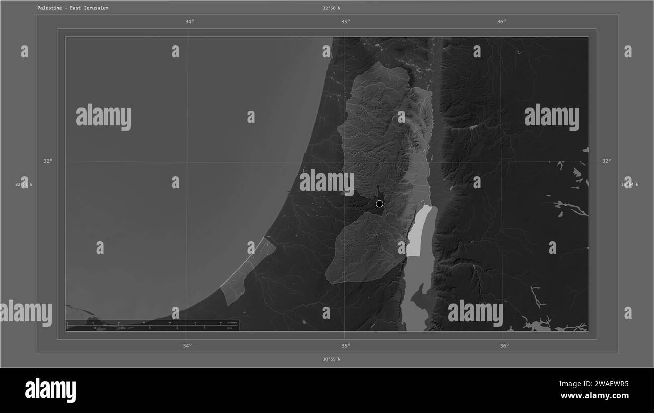 Palestine highlighted on a Grayscale elevation map with lakes and ...