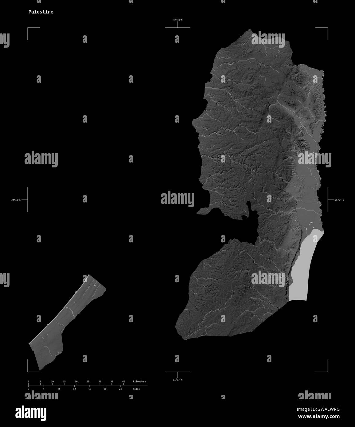 Shape of a Grayscale elevation map with lakes and rivers of the ...
