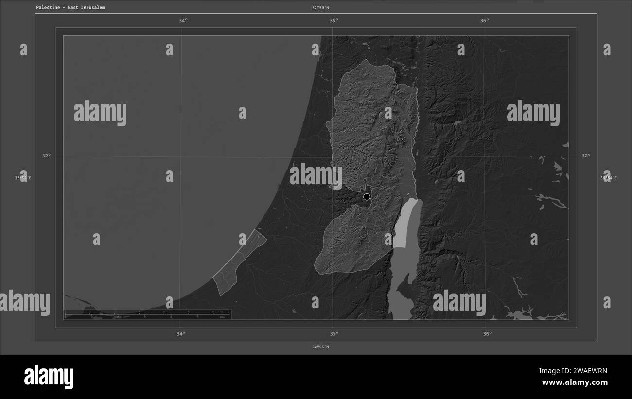 Palestine highlighted on a Bilevel elevation map with lakes and rivers ...