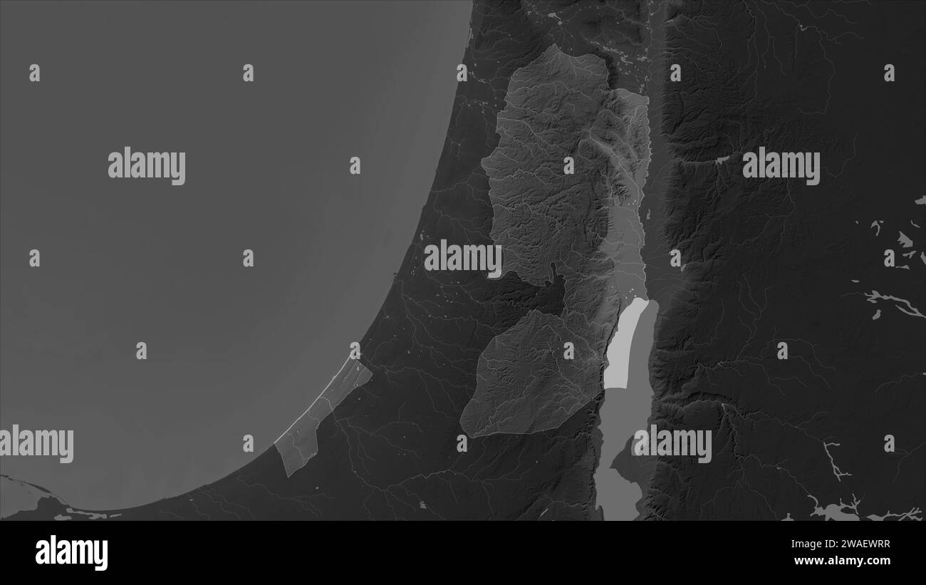 Palestine highlighted on a Grayscale elevation map with lakes and ...