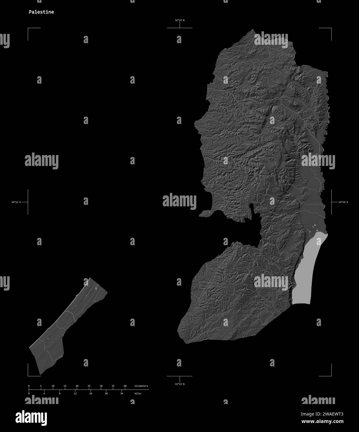 Shape of a Bilevel elevation map with lakes and rivers of the Palestine ...