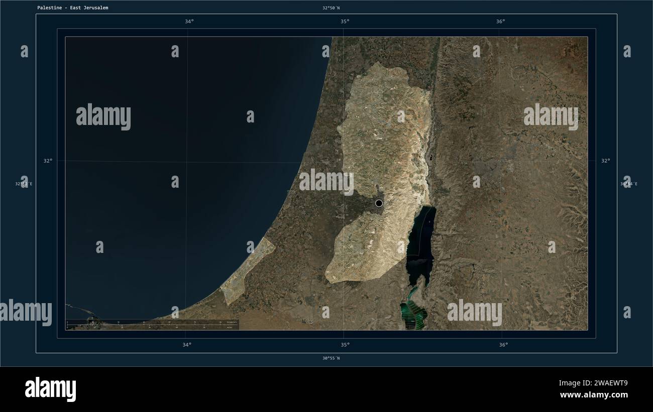Palestine highlighted on a high resolution satellite map map with the country's capital point ...