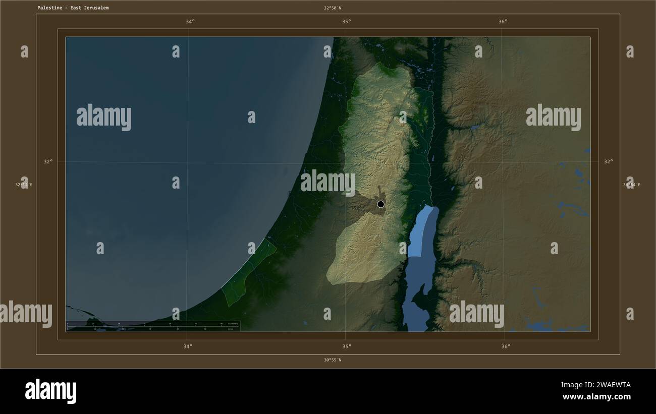 Palestine highlighted on a Colored elevation map with lakes and rivers ...