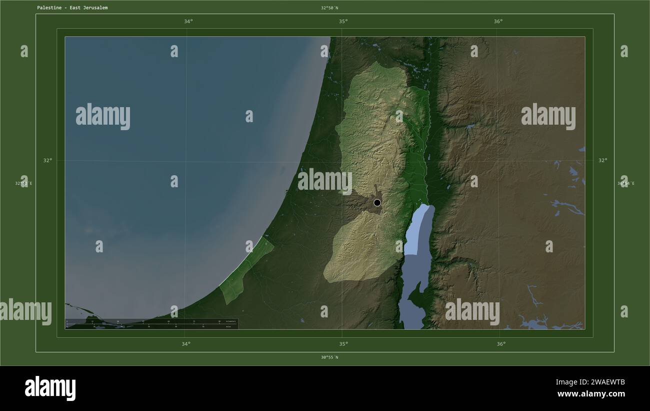 Palestine highlighted on a Pale colored elevation map with lakes and ...