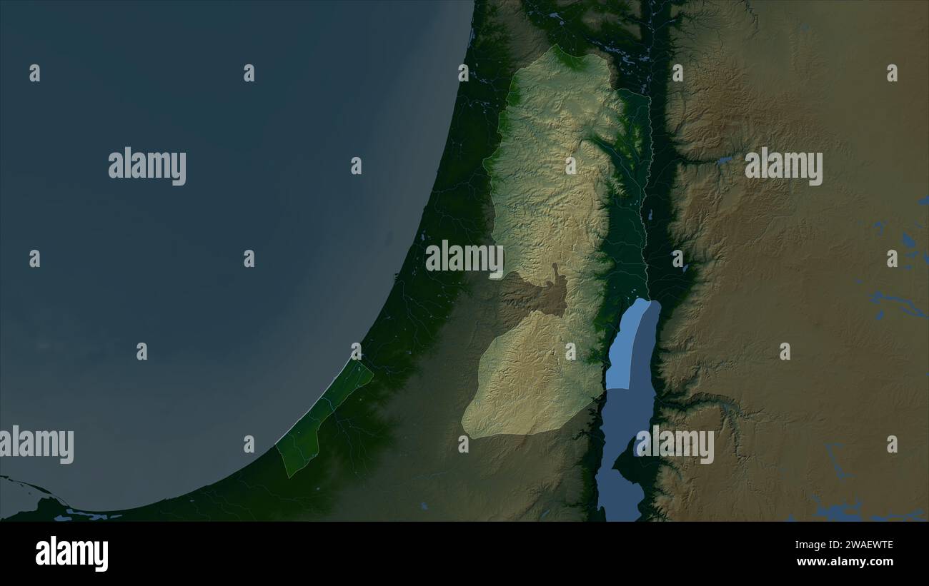 Palestine highlighted on a Colored elevation map with lakes and rivers ...