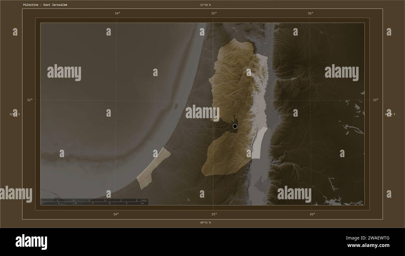 Palestine highlighted on a elevation map colored in sepia tones with ...