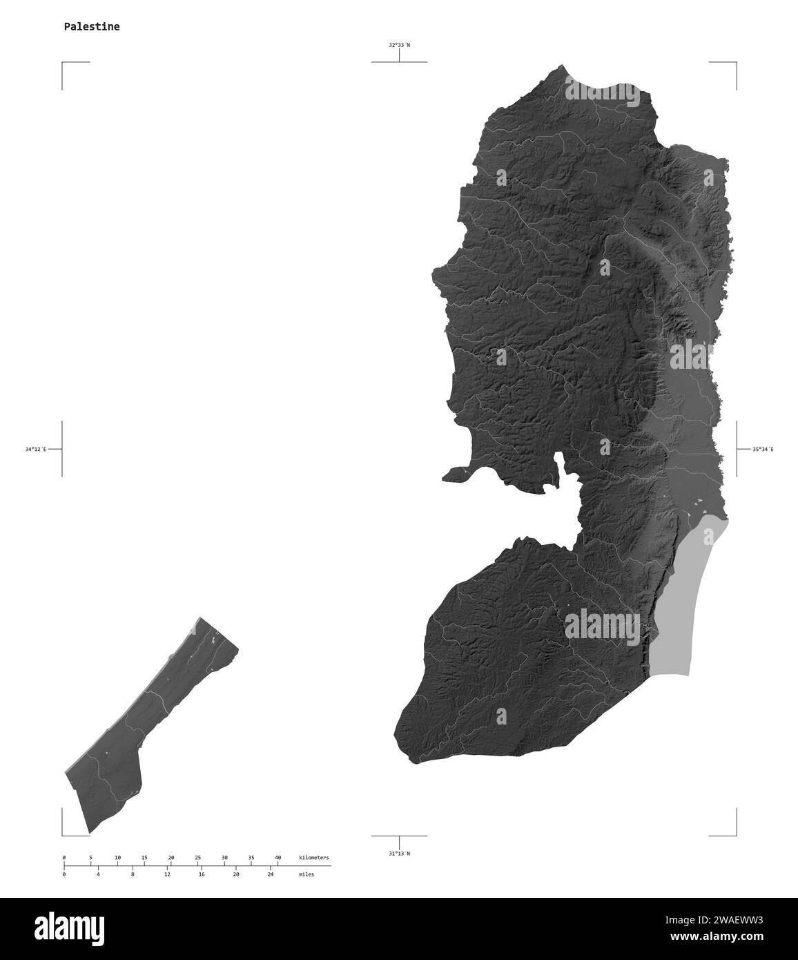 Shape of a Grayscale elevation map with lakes and rivers of the Palestine, with distance scale ...