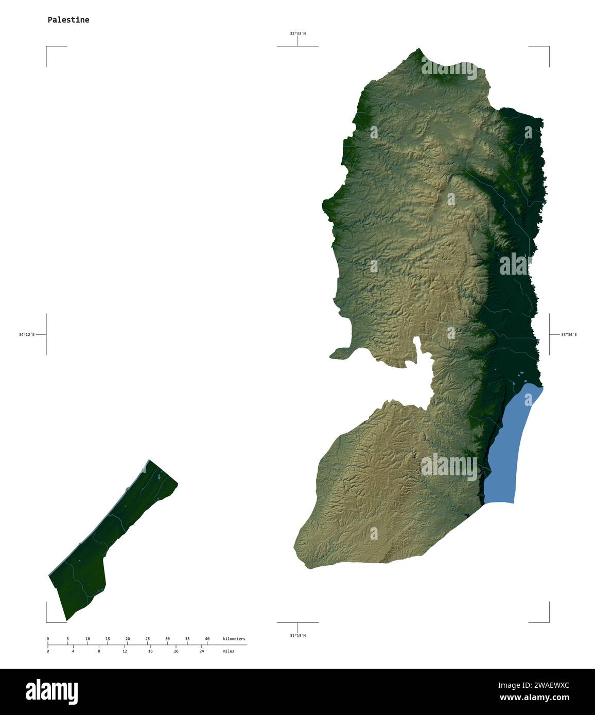 Shape of a Colored elevation map with lakes and rivers of the Palestine ...