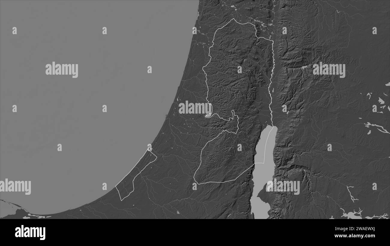 Palestine outlined on a Bilevel elevation map with lakes and rivers ...