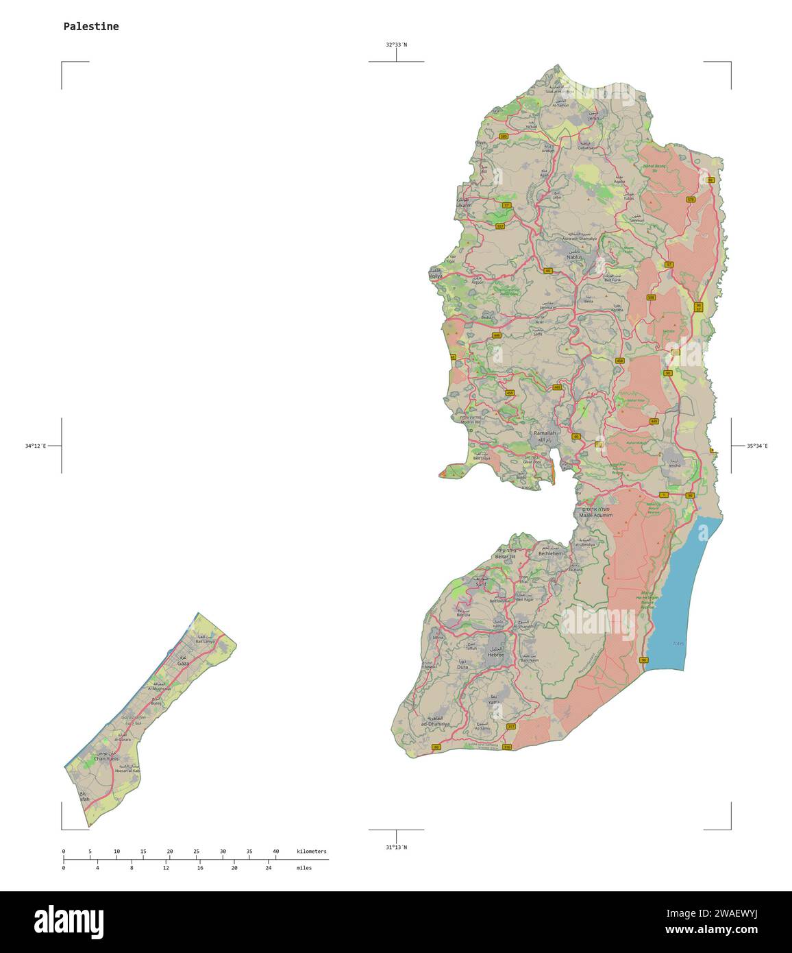 Shape of a topographic, OSM Germany style map of the Palestine, with ...