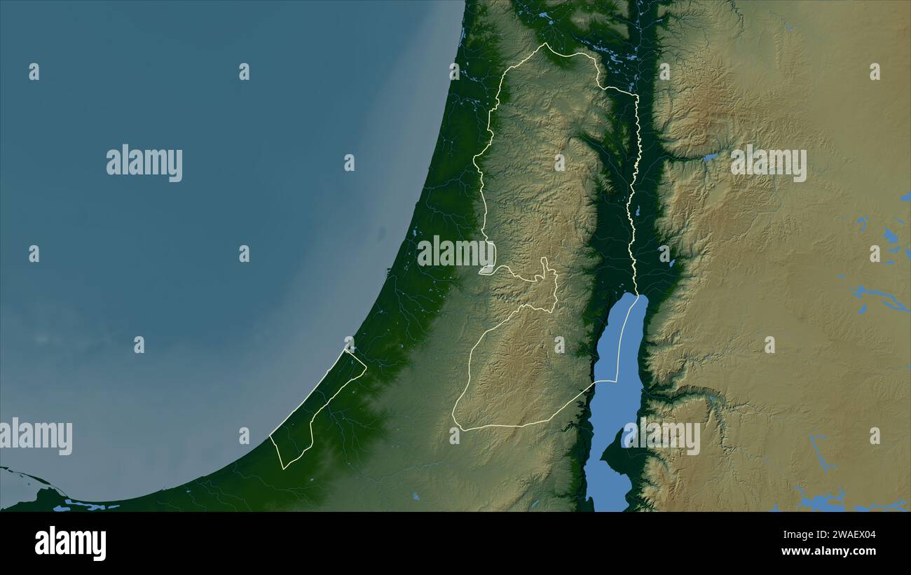 Palestine outlined on a Colored elevation map with lakes and rivers ...