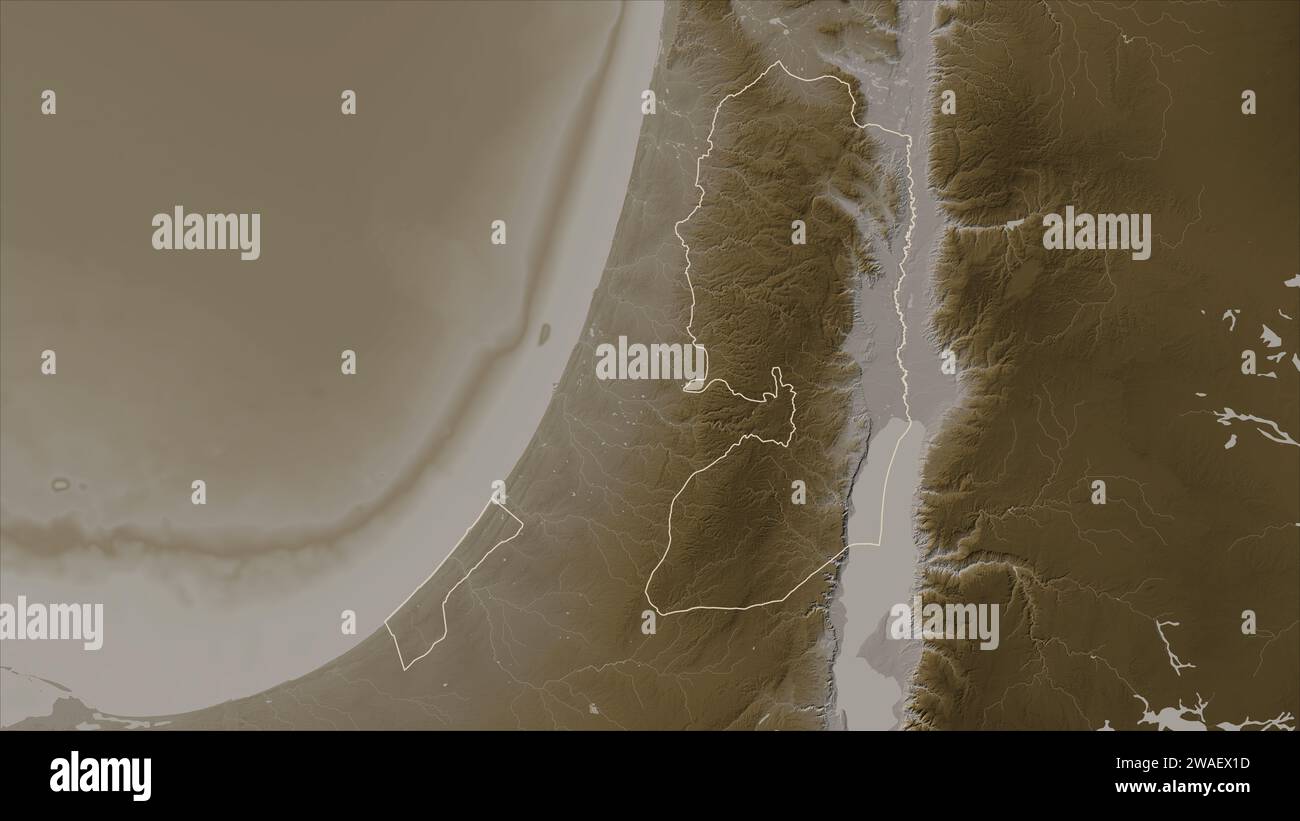 Palestine outlined on a elevation map colored in sepia tones with lakes ...