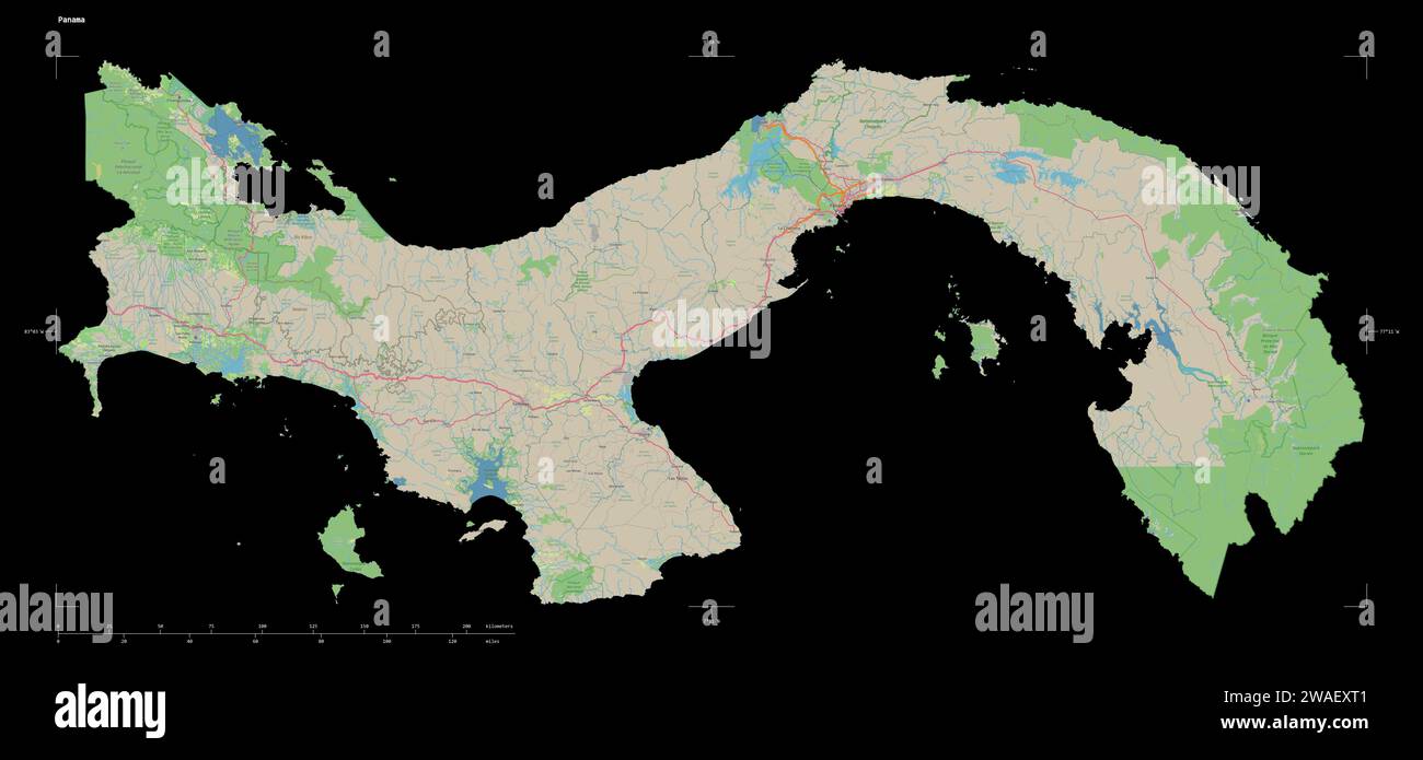 Shape of a topographic, OSM Germany style map of the Panama, with distance scale and map border ...