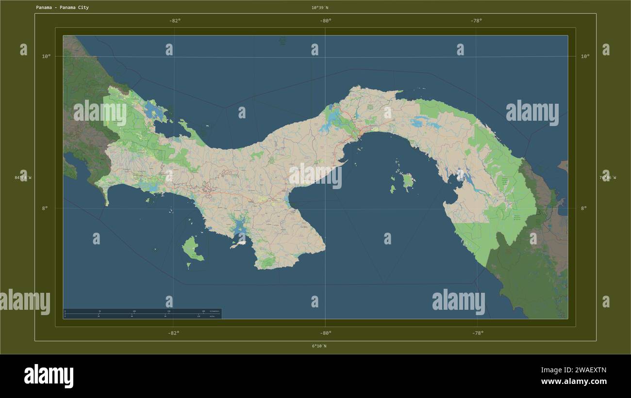 Panama highlighted on a topographic, OSM standard style map map with the country's capital point ...