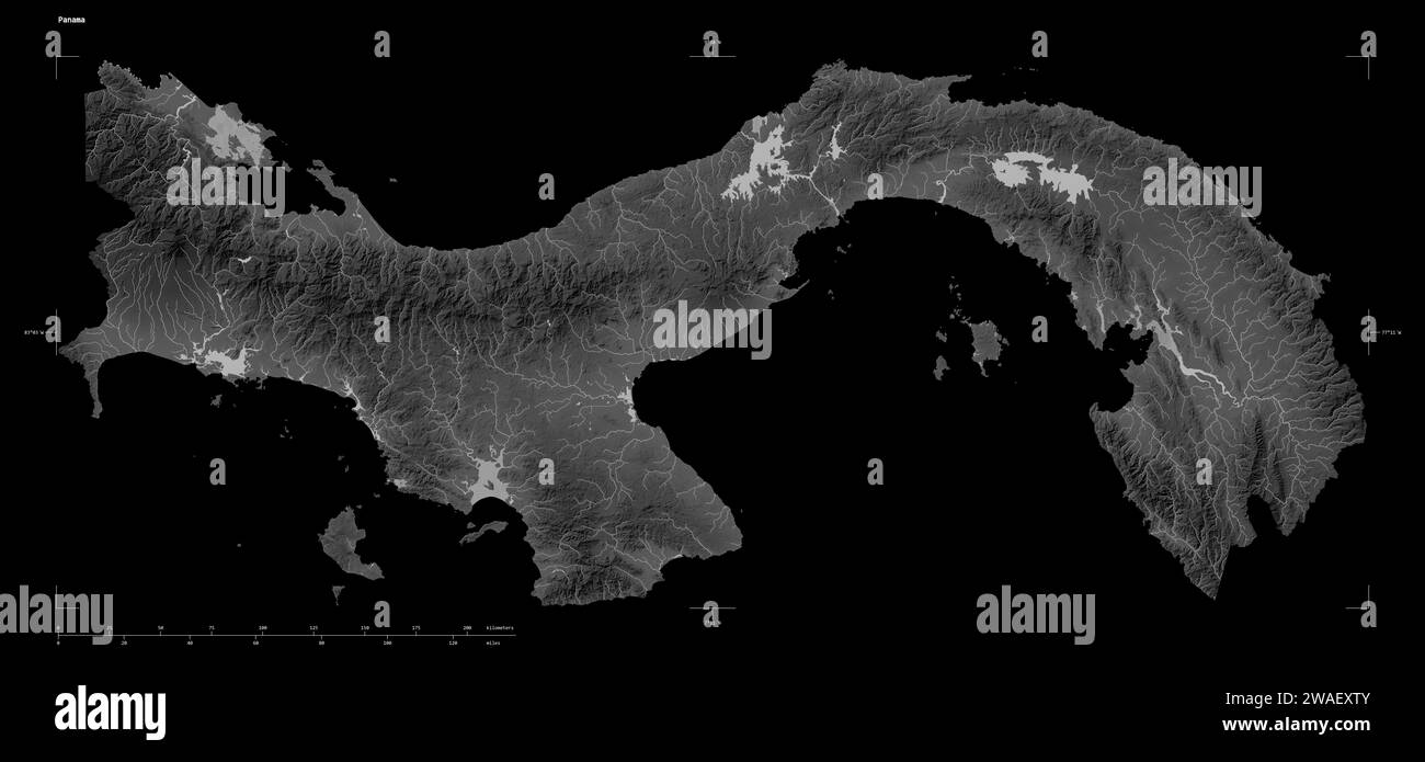 Shape of a Grayscale elevation map with lakes and rivers of the Panama, with distance scale and ...
