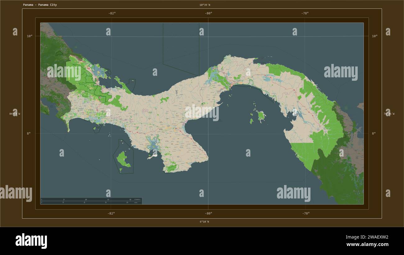 Panama highlighted on a topographic, OSM France style map map with the ...