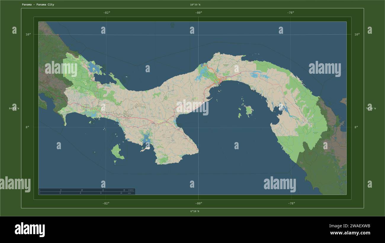 Panama highlighted on a topographic, OSM Germany style map map with the ...