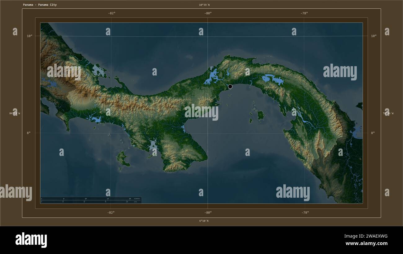 Panama highlighted on a Colored elevation map with lakes and rivers map ...