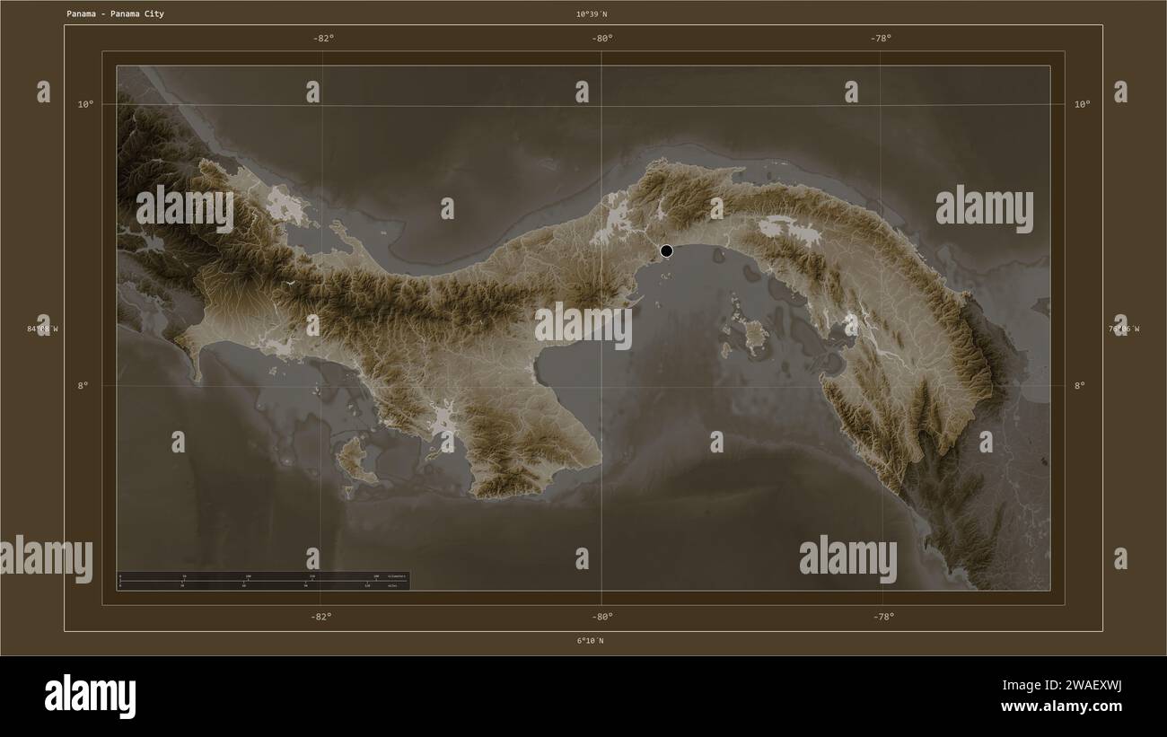 Panama highlighted on a elevation map colored in sepia tones with lakes ...