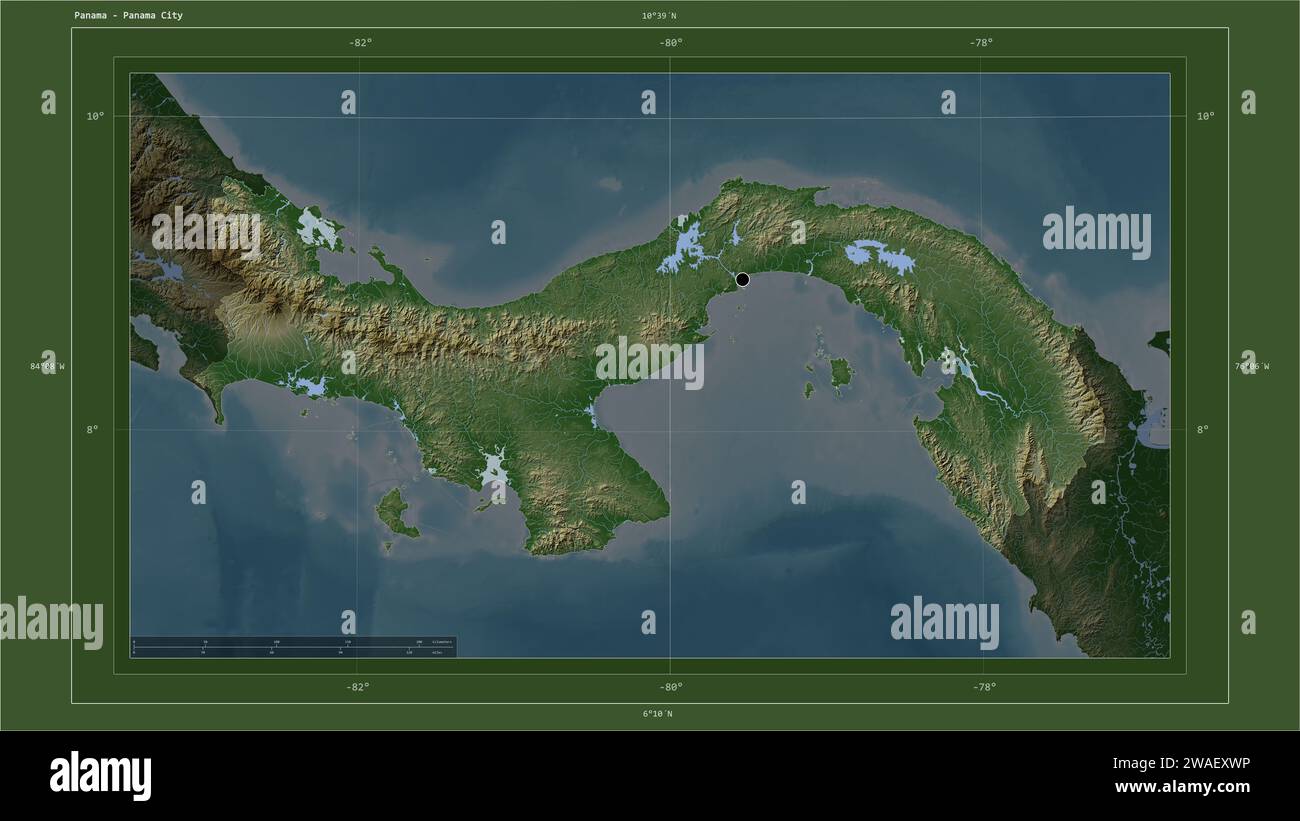 Panama highlighted on a Pale colored elevation map with lakes and ...