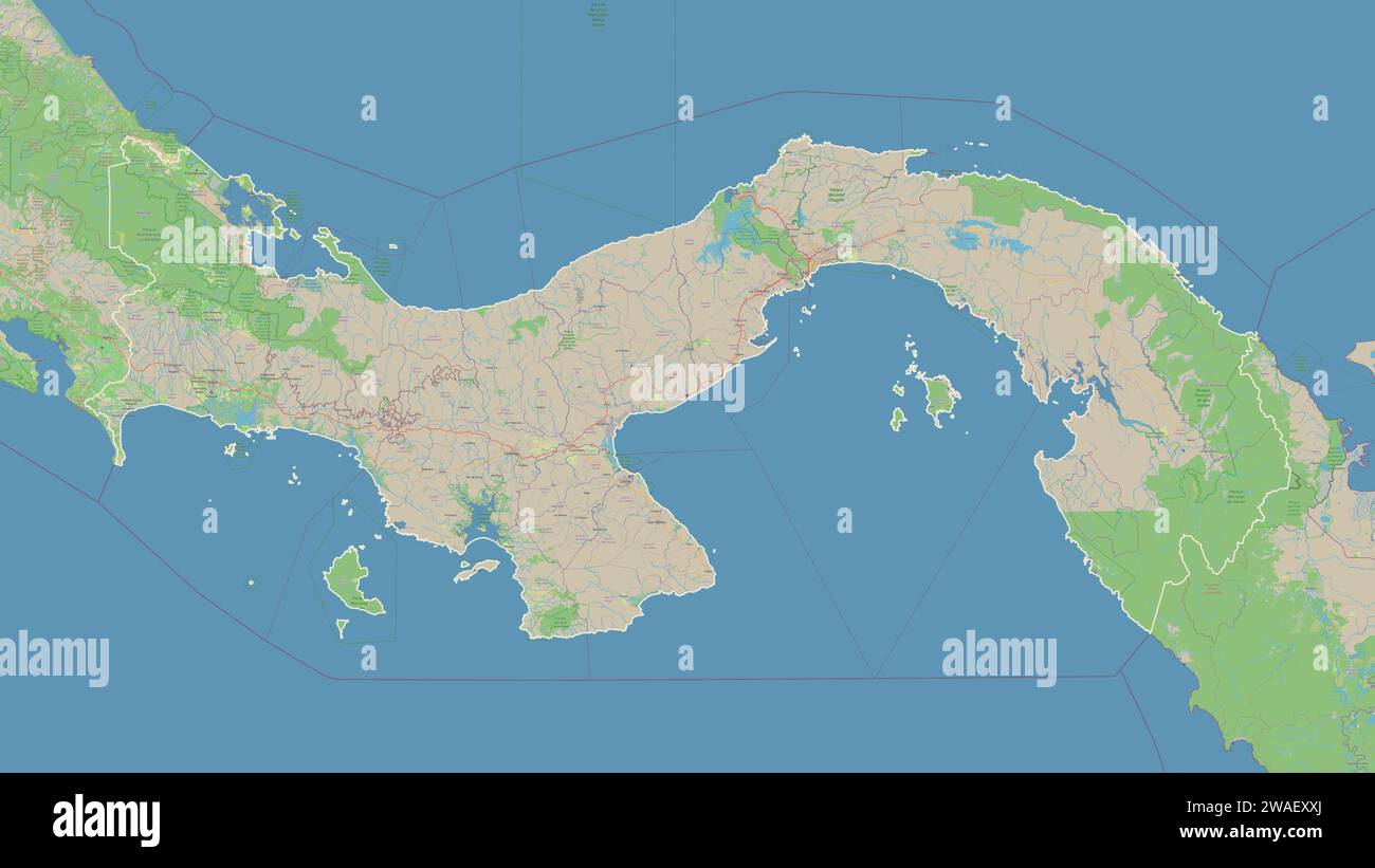 Panama outlined on a topographic, OSM standard style map Stock Photo ...