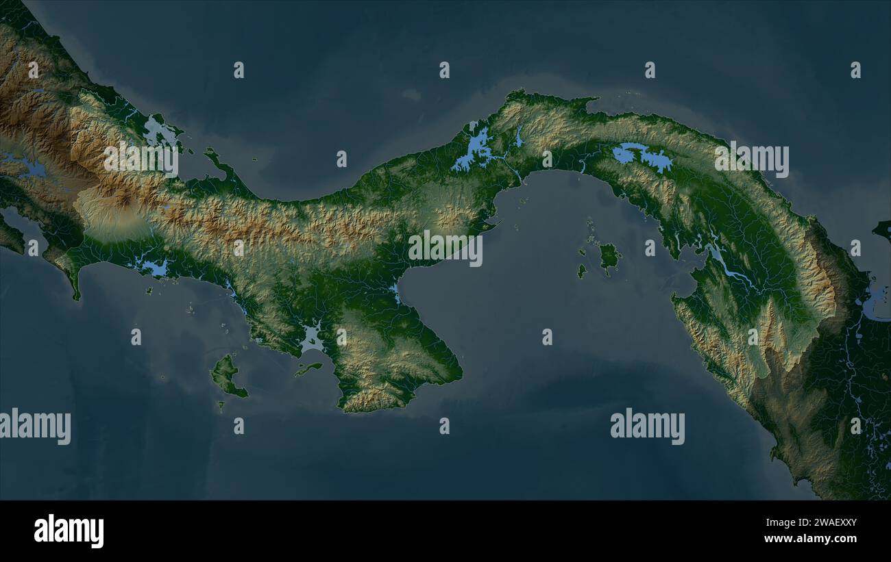 Panama highlighted on a Colored elevation map with lakes and rivers ...