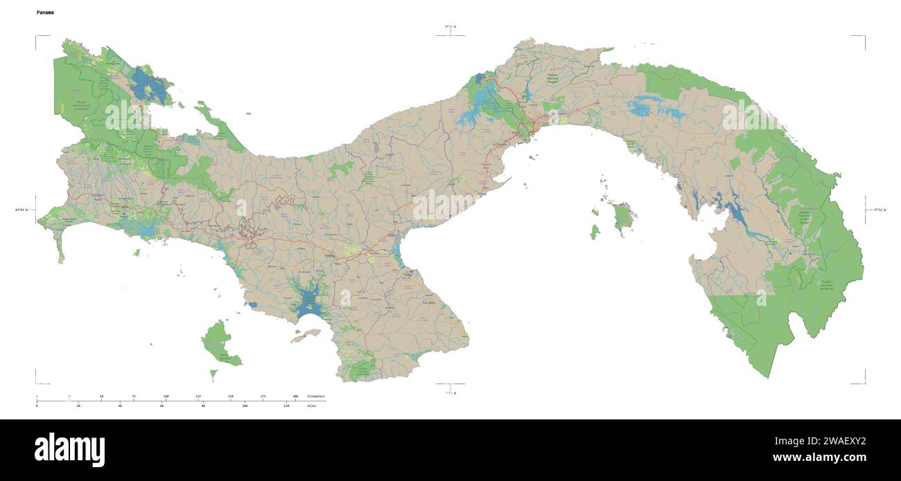 Shape of a topographic, OSM standard style map of the Panama, with distance scale and map border ...
