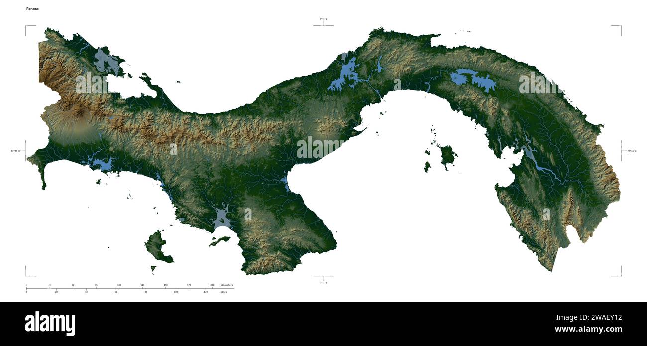 Shape of a Colored elevation map with lakes and rivers of the Panama, with distance scale and ...