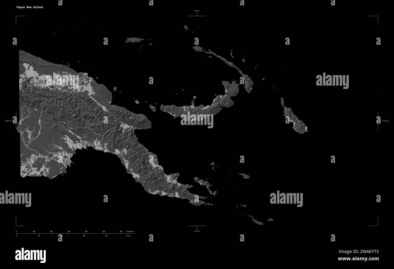 Shape of a Bilevel elevation map with lakes and rivers of the Papua New ...