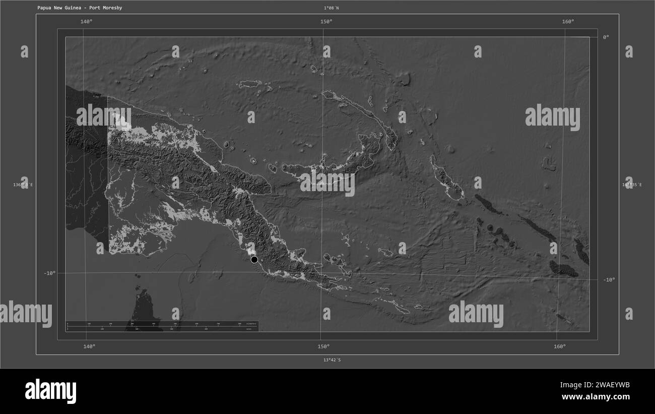 Papua New Guinea highlighted on a Bilevel elevation map with lakes and ...