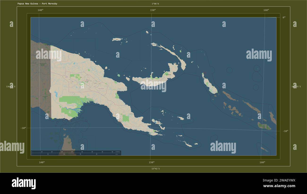 Papua New Guinea highlighted on a topographic, OSM standard style map ...