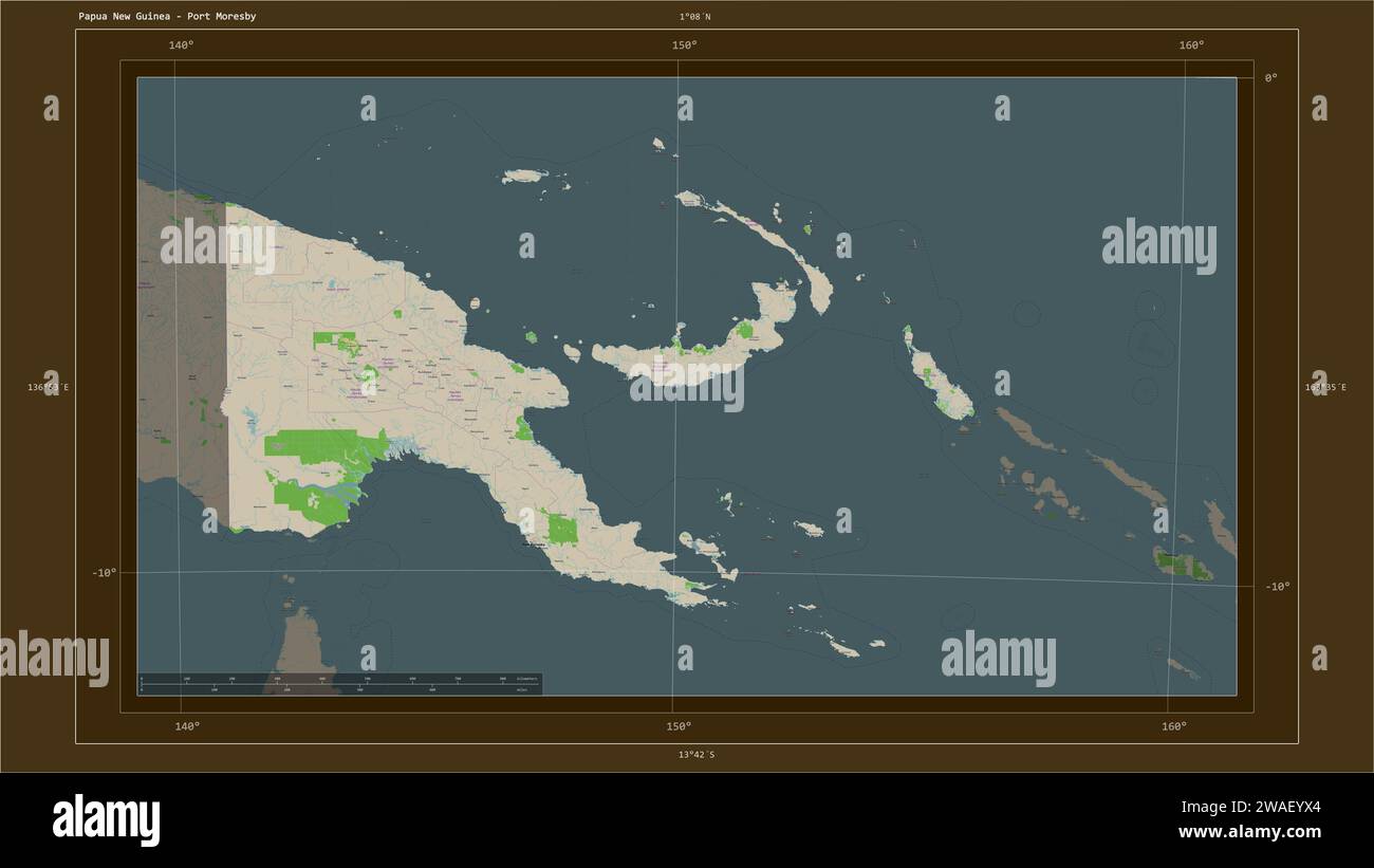 Papua New Guinea highlighted on a topographic, OSM France style map map ...