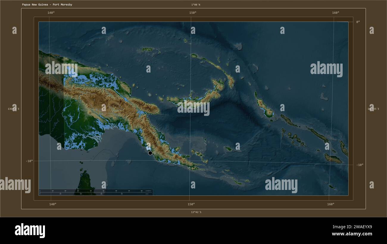 Papua New Guinea highlighted on a Colored elevation map with lakes and ...