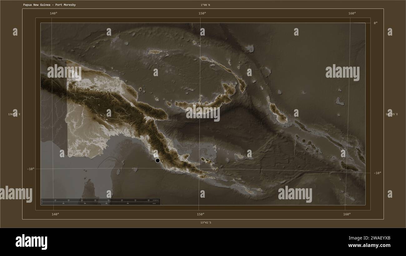 Papua New Guinea highlighted on a elevation map colored in sepia tones ...