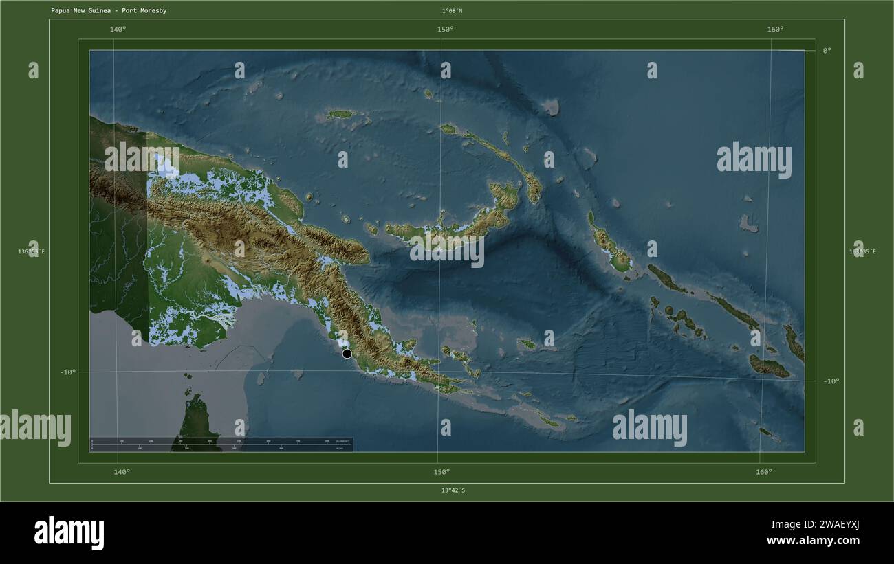 Papua New Guinea highlighted on a Pale colored elevation map with lakes ...