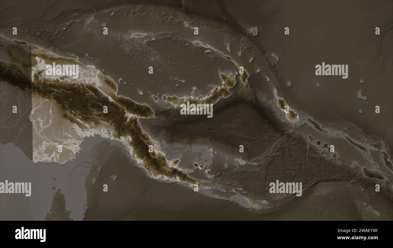 Papua New Guinea highlighted on a elevation map colored in sepia tones ...