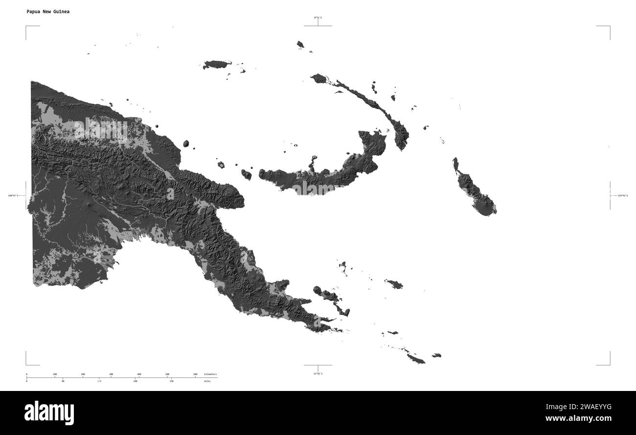 Shape of a Bilevel elevation map with lakes and rivers of the Papua New ...