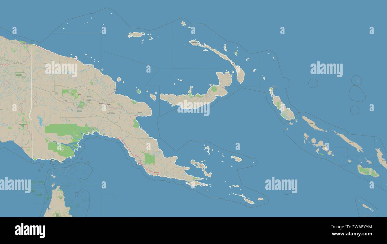 Papua New Guinea outlined on a topographic, OSM Germany style map Stock Photo - Alamy