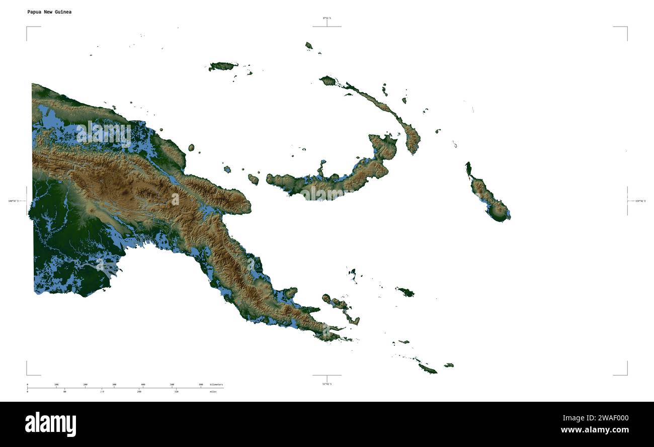 Shape of a Colored elevation map with lakes and rivers of the Papua New ...