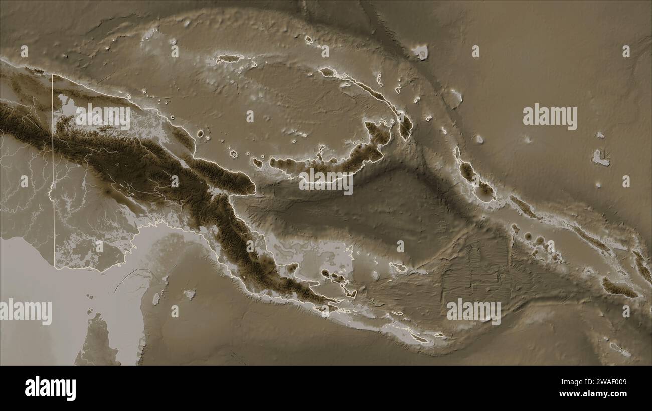 Papua New Guinea outlined on a elevation map colored in sepia tones ...
