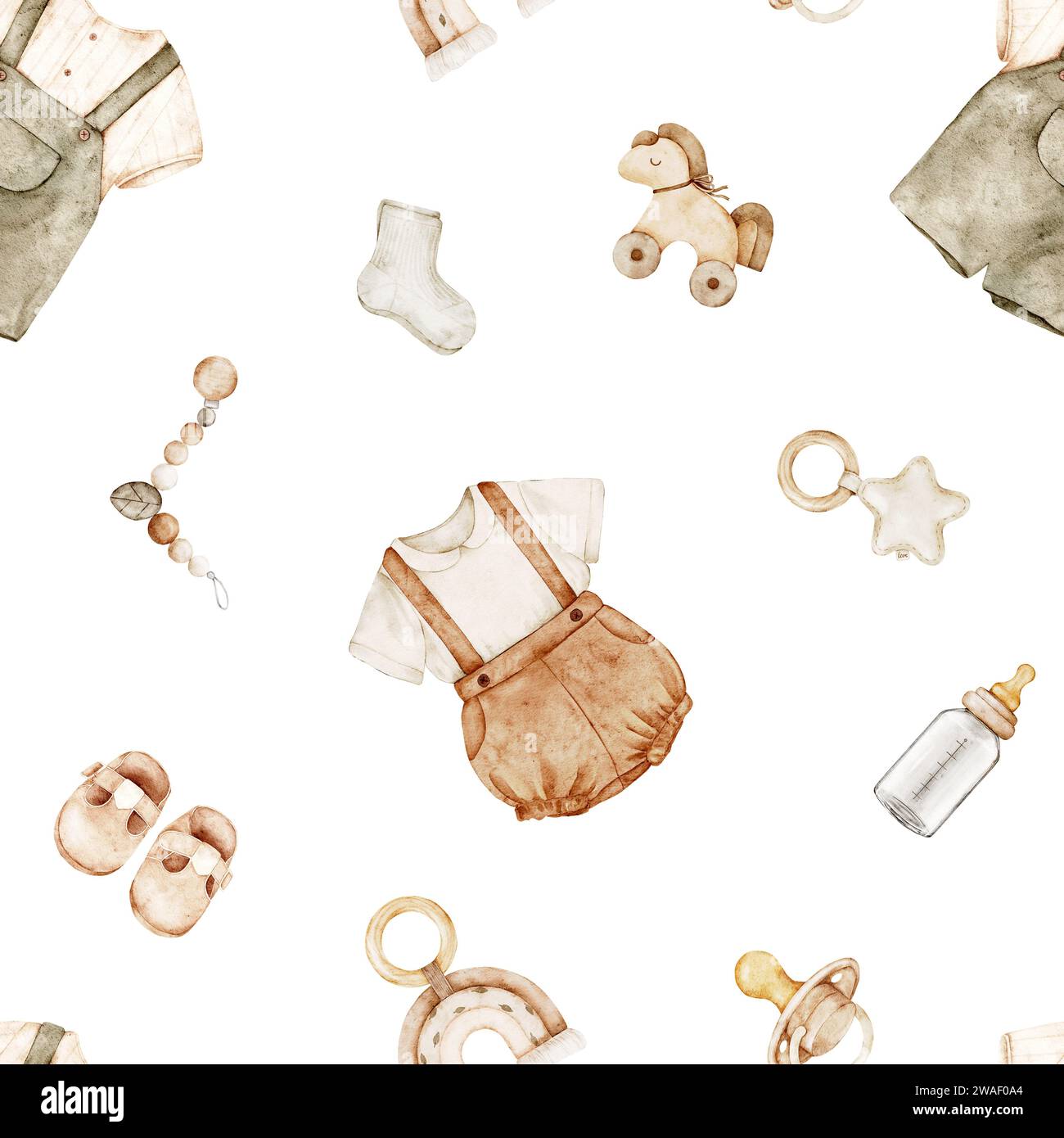Watercolor illustrations of baby clothes, bottle, pacifier, toys, shoes ...