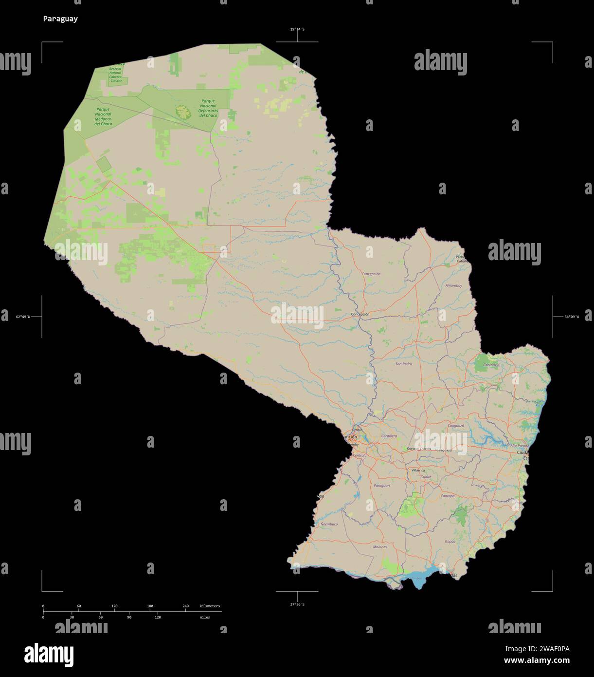 Shape of a topographic, OSM standard style map of the Paraguay, with ...