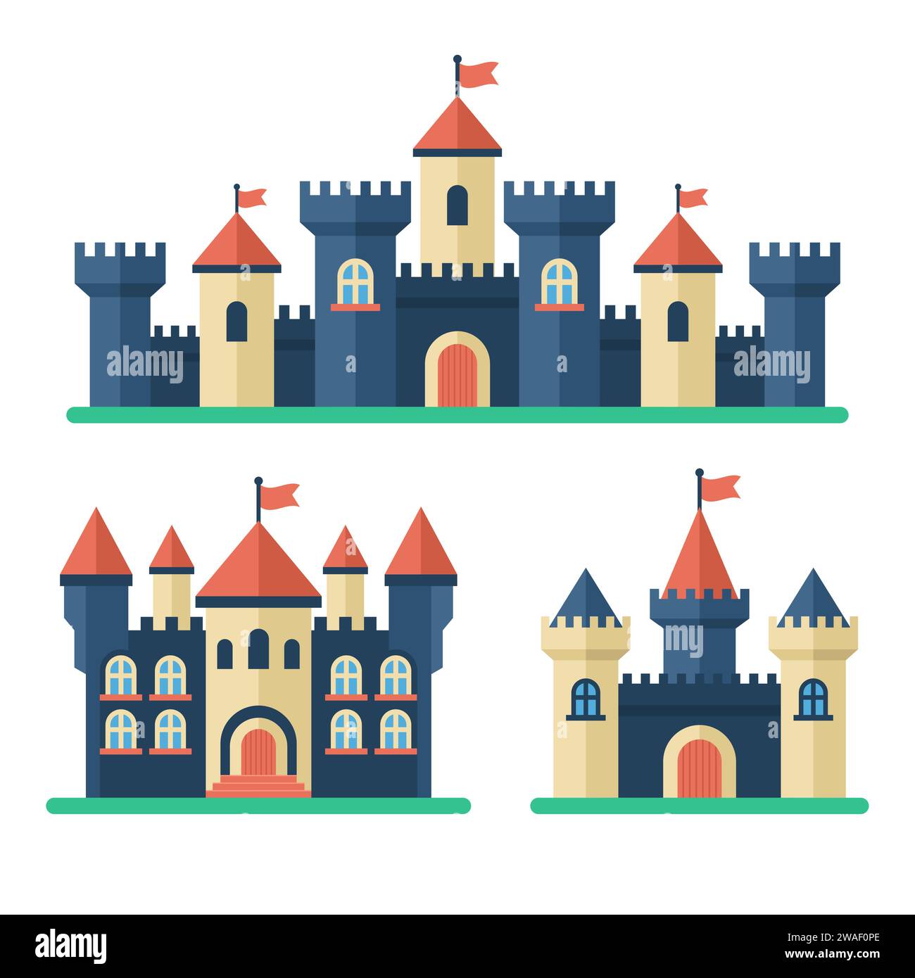 Castle set in flat style. Medieval buildings fortress fantasy gothic architecture towers. Royal ...
