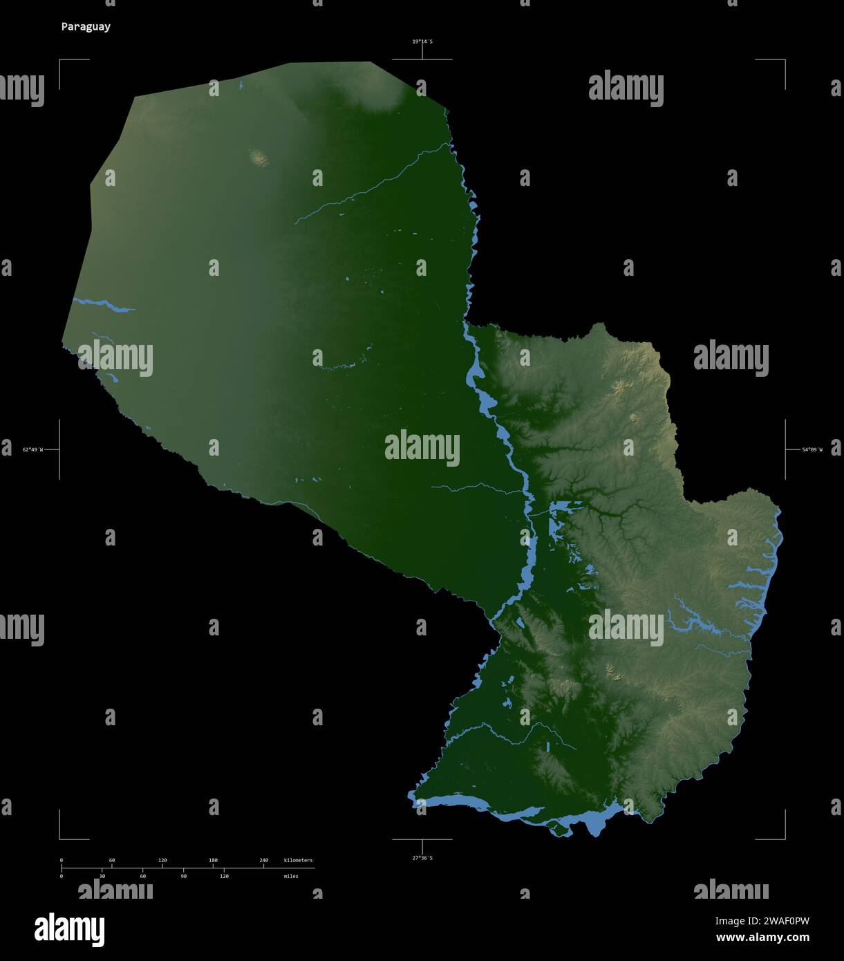 Shape of a Colored elevation map with lakes and rivers of the Paraguay, with distance scale and ...